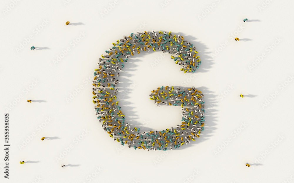 Large group of people forming letter G, capital English alphabet text ...
