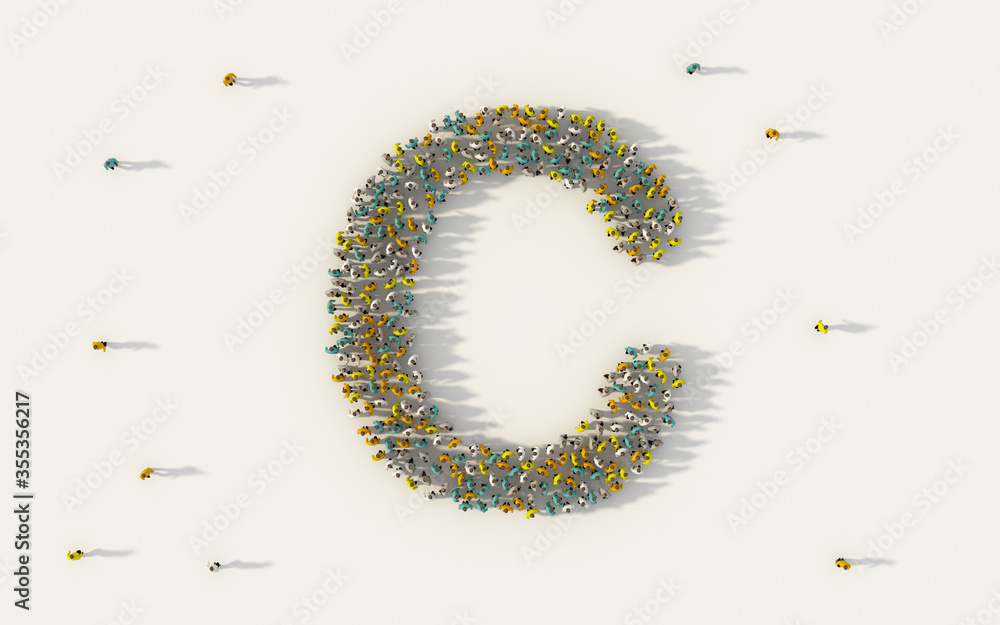 Large group of people forming letter C, capital English alphabet text ...
