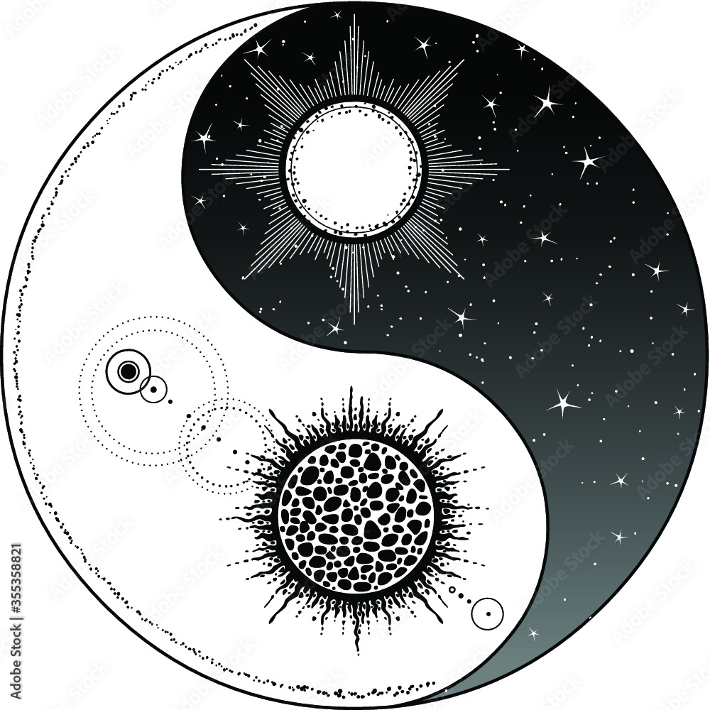 Vecteur Stock Mystical drawing: Stylized sun and moon, day and night ...