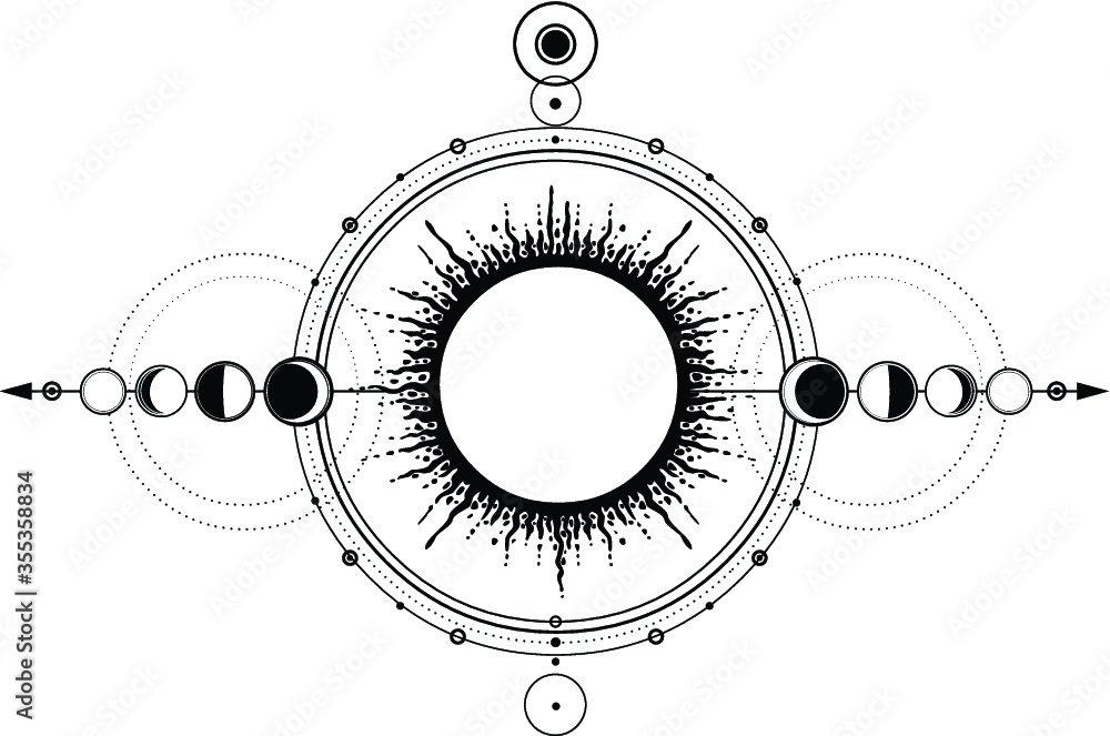 Mystical drawing: sun system, moon phases, orbits of planets, energy ...