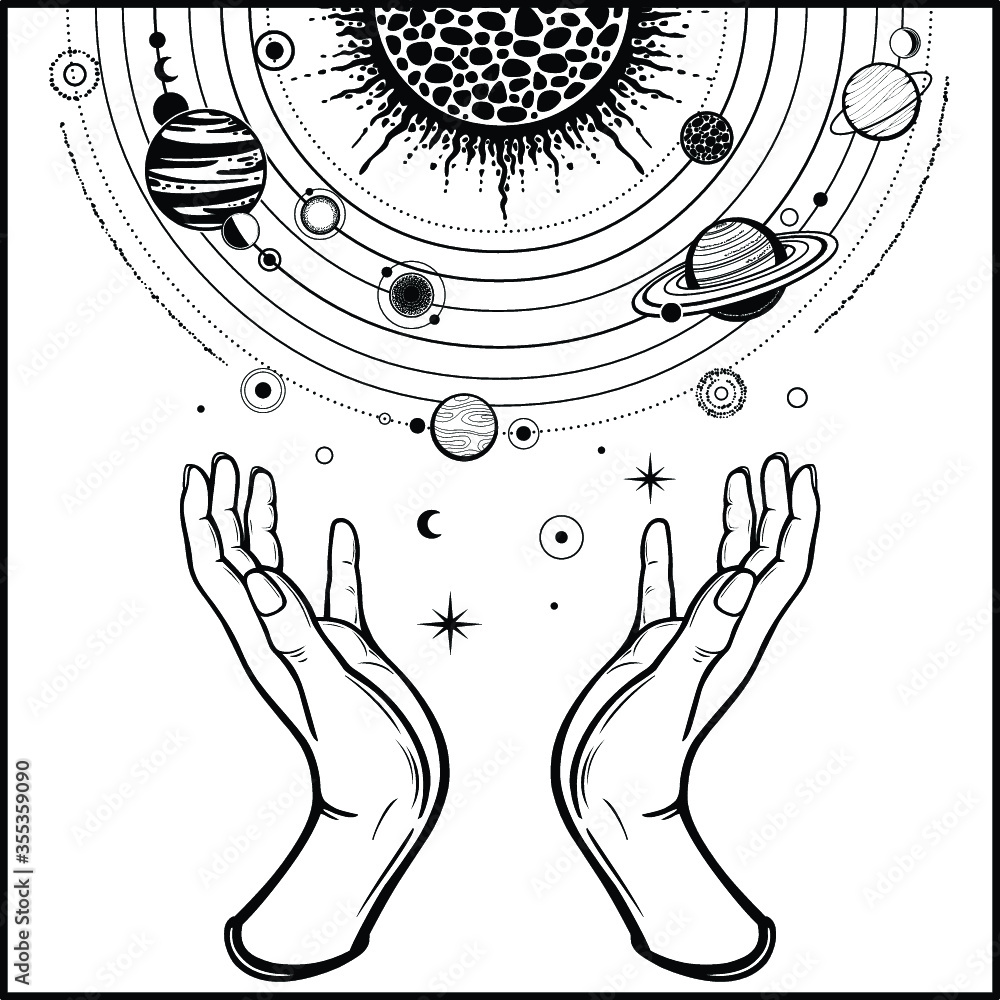 Human hands hold a stylized solar system, cosmic symbols, stars. Magic ...