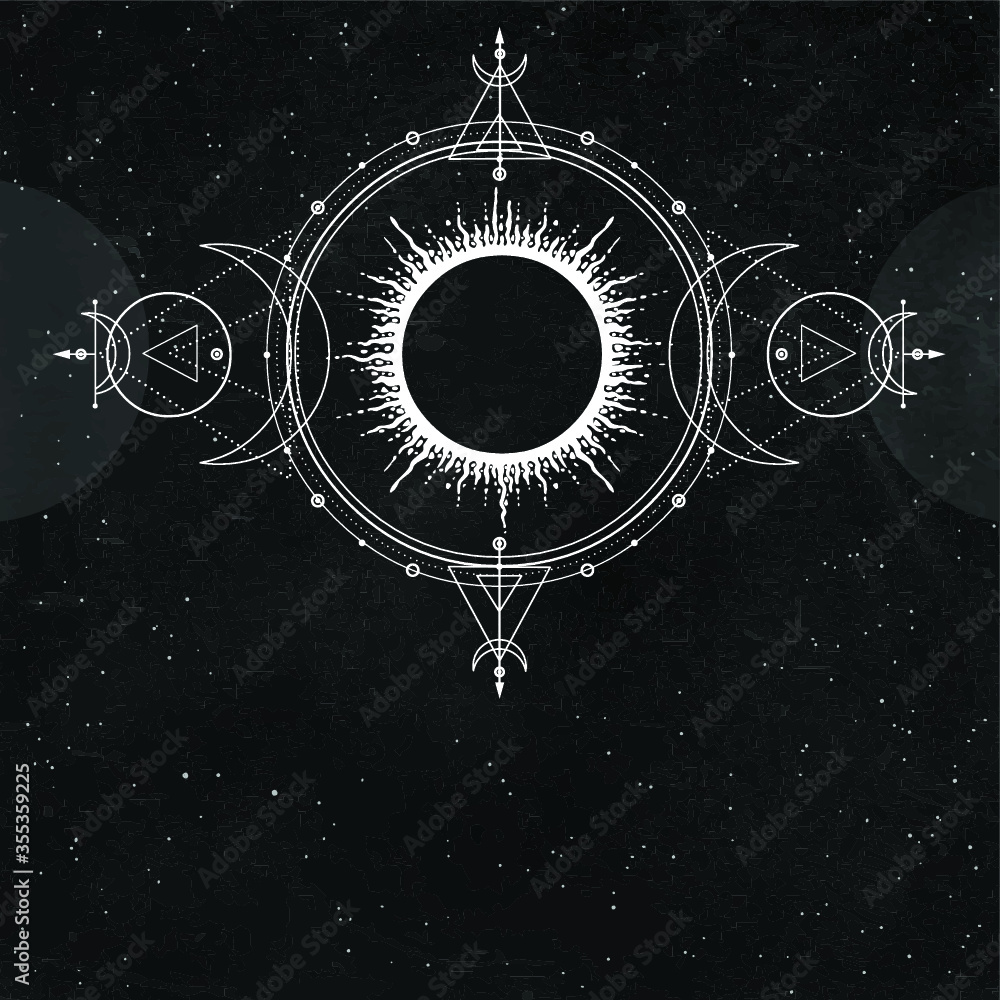 Mystical drawing: sun, moon phases, orbits of planets, energy circle ...