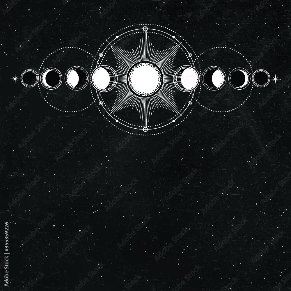 Mystical drawing: full moon, phases of the moon, energy circles ...