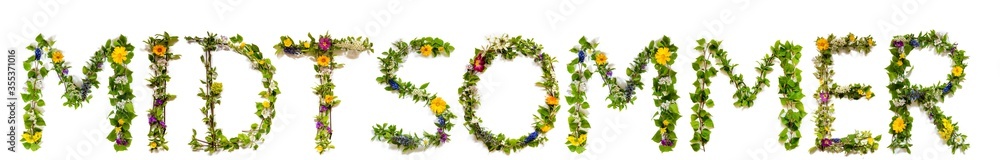 Flower, Branches And Blossom Letter Building Norwegian Word Midtsommer Means Midsummer. White ...