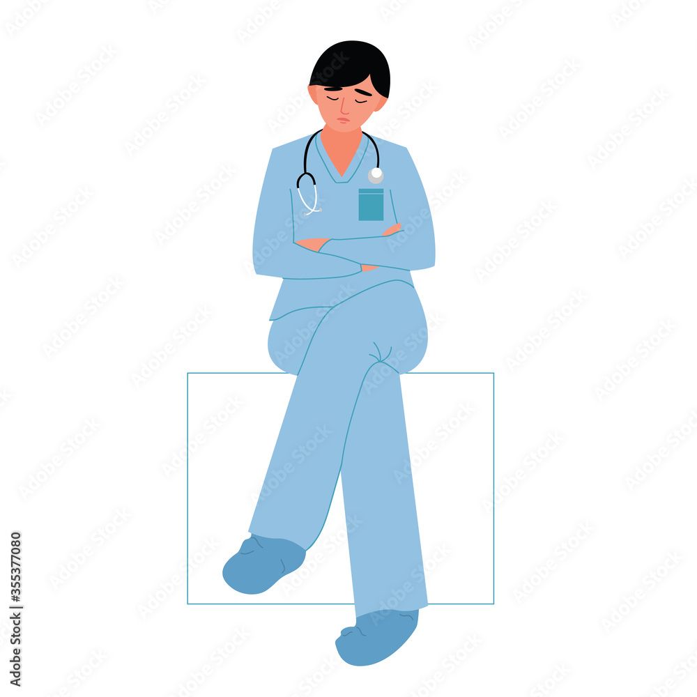 Sad doctor man or woman after work resting. A tired medical worker in ...
