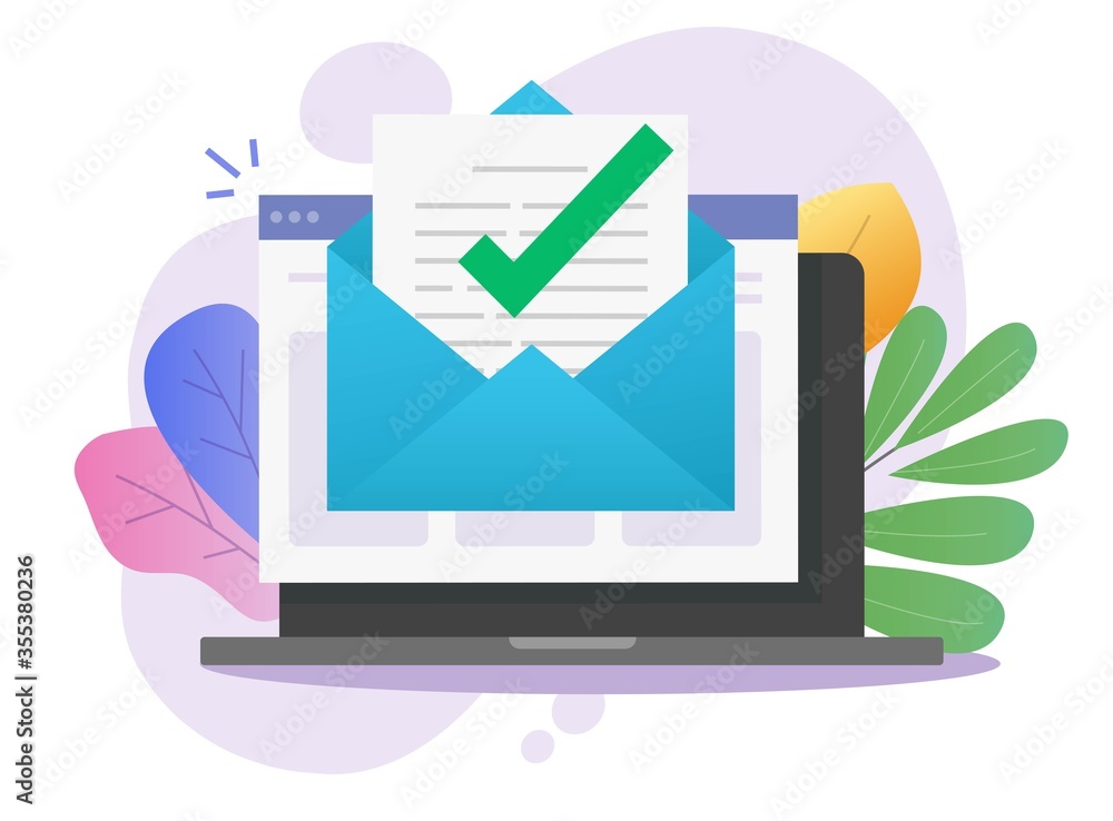 Approved email message notice check mark in document online on laptop ...