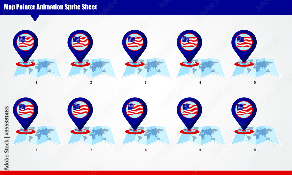 USA Map marker with animated flag Sprite Sheet. Smooth waving animation ...