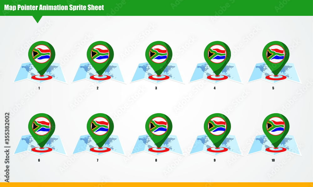 South Africa Map marker with animated flag Sprite Sheet. Smooth waving ...
