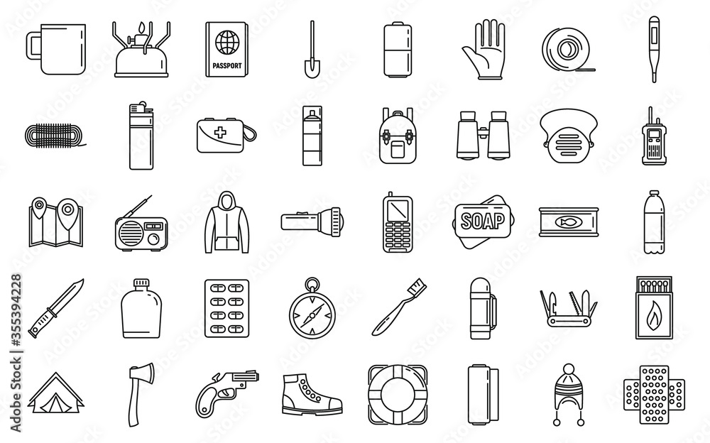 Survival activity icons set. Outline set of survival activity vector ...