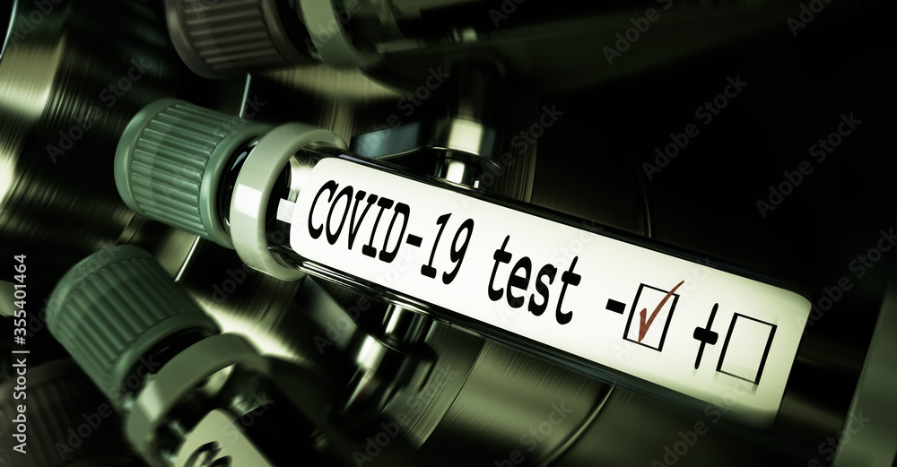 Tube of biological sample contaminated by Coronavirus with label Covid ...
