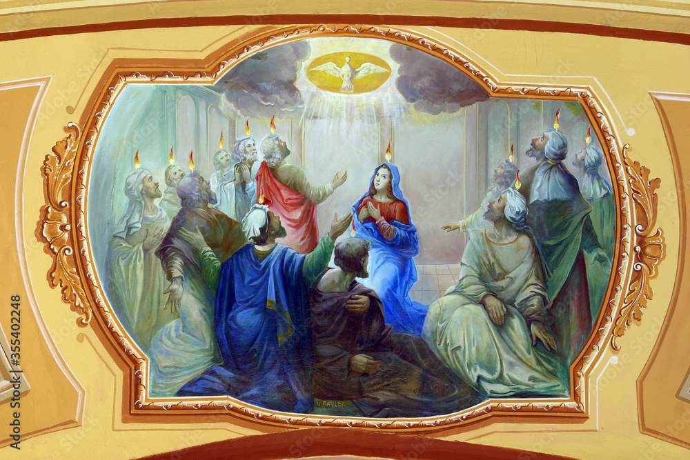 Descent of the Holy Spirit, Pentecost, fresco in the Church of the ...