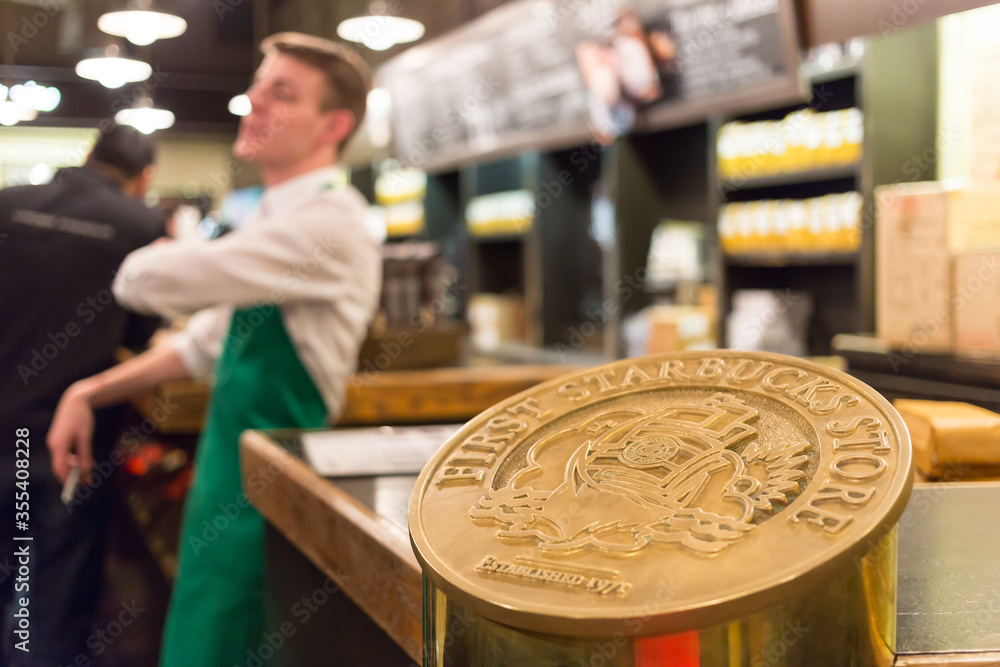 Sign of First Starbucks Store in Original Starbucks store, The first ...