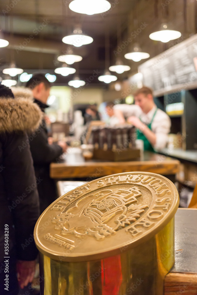 Sign of First Starbucks Store in Original Starbucks store, The first ...