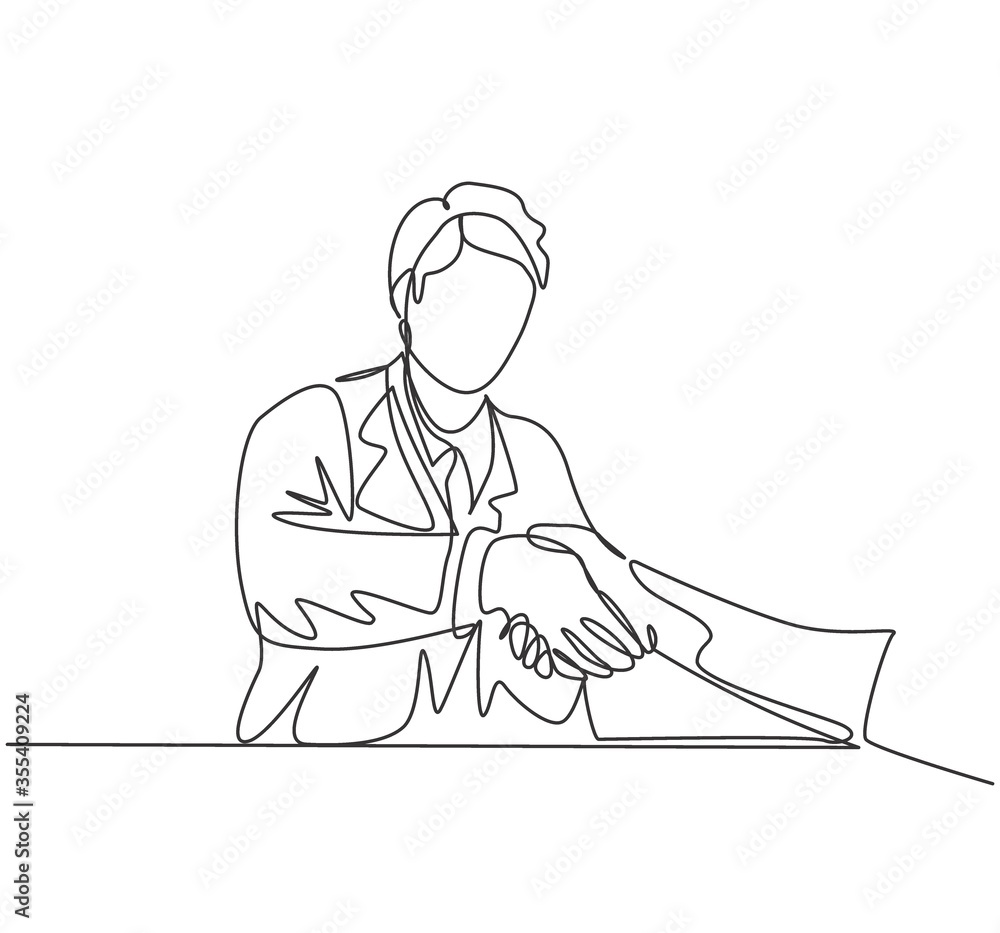 Continuous line drawing of young doctor handshake the patient in ...