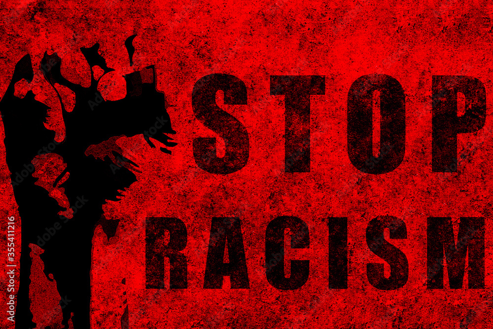 Stop racism. Red fist raised with a powerful anti-racist message. Stock ...
