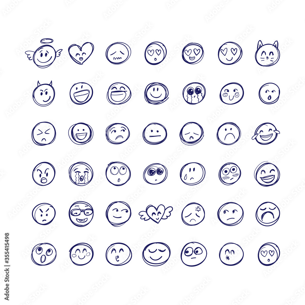 Vector hand drawn Emoji. Black and white design. Line drawing emoji set ...