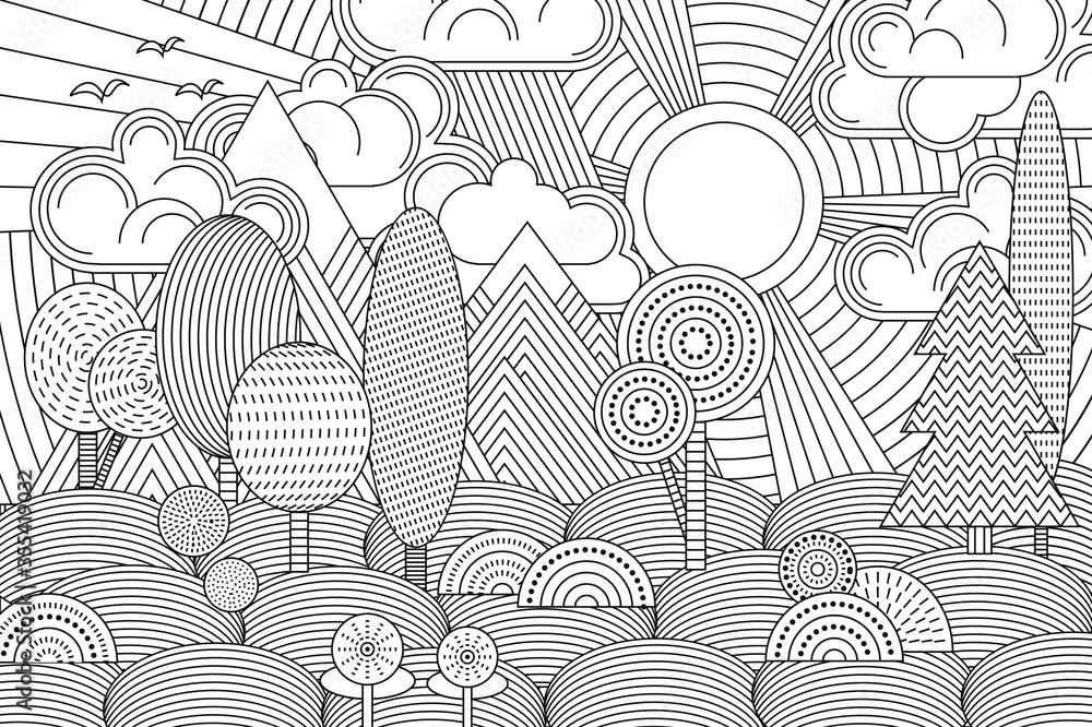 Landscape of geometric elements with lines. Anti stress coloring ...