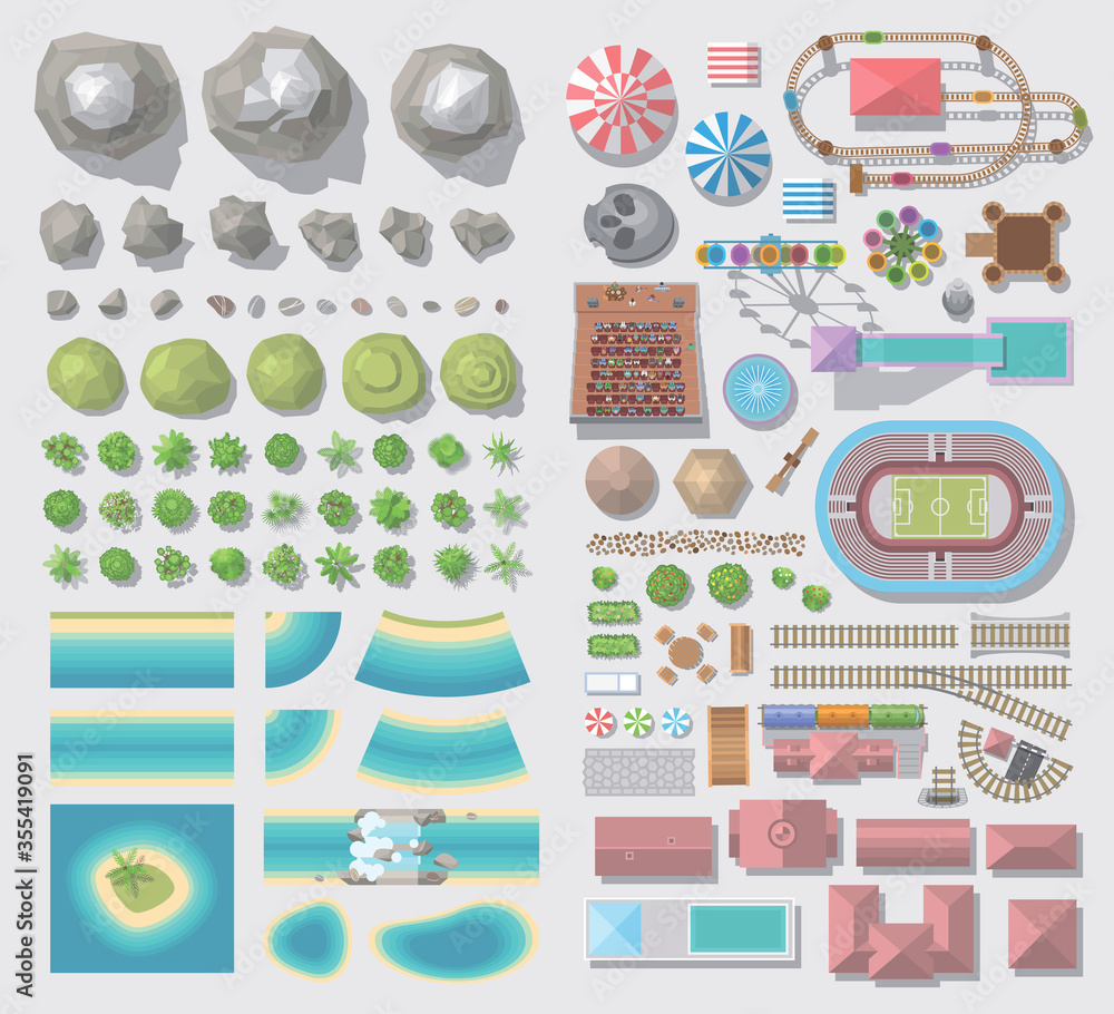Set of landscape elements. Amusement park. (Top view) Mountains, rocks ...