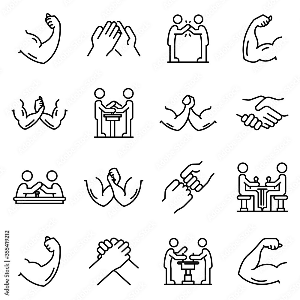 Arm wrestling icons set. Outline set of arm wrestling vector icons for ...