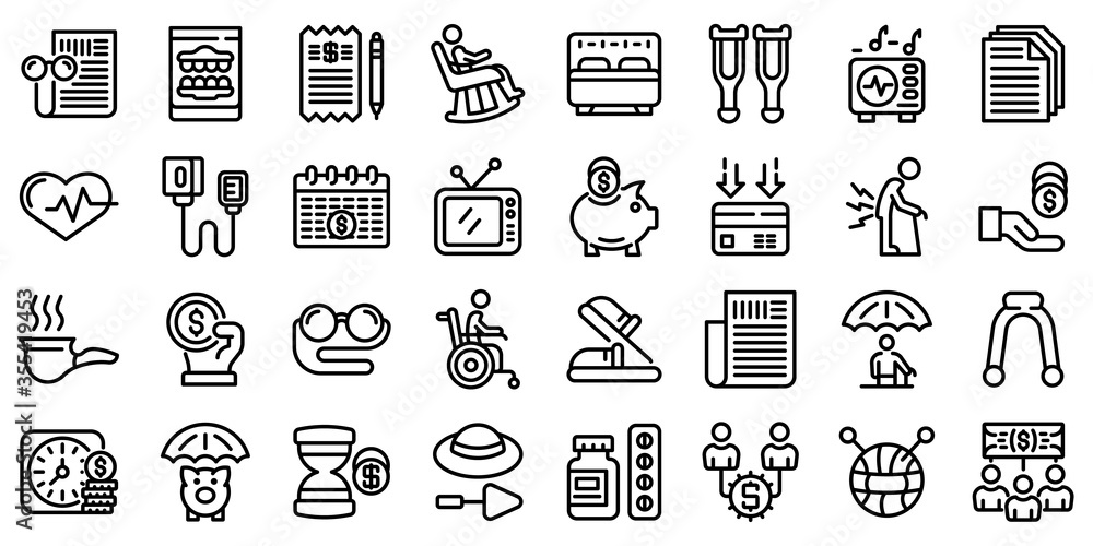 Retirement icons set. Outline set of retirement vector icons for web ...