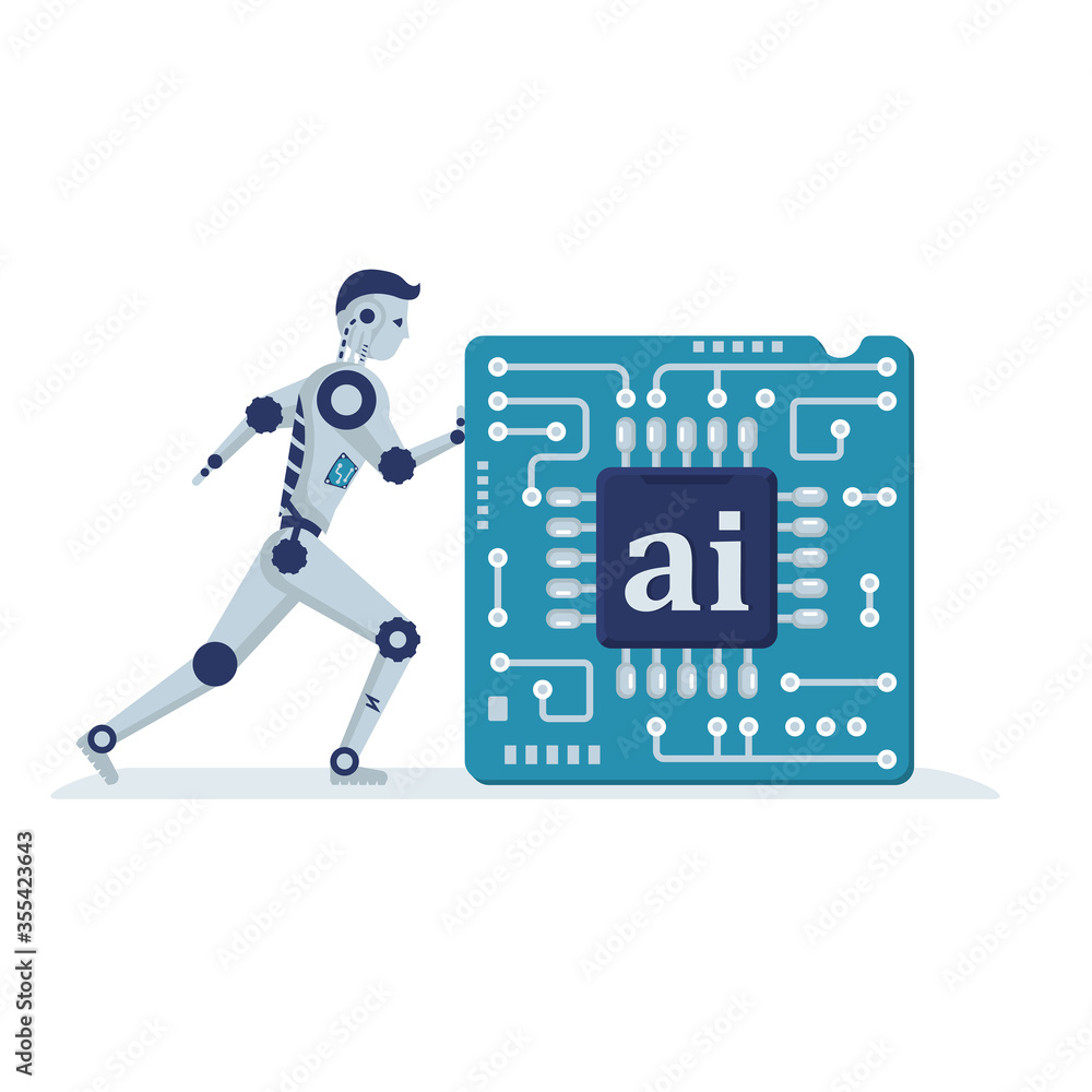 Ai concept. The robot moves the motherboard. Innovation microchip ...