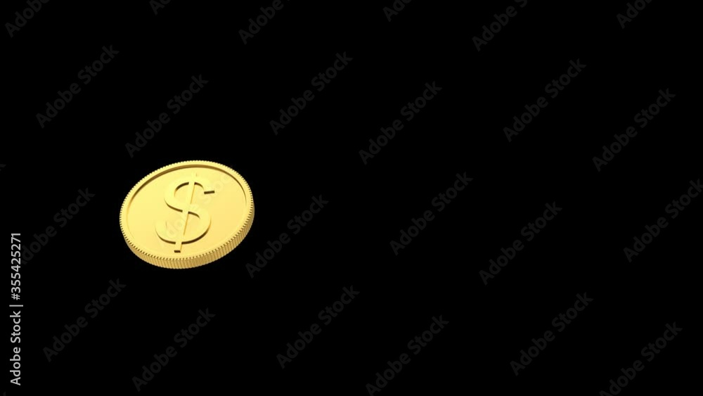 3D animation seamless loop of flipped up and spinning gold dollar coin ...