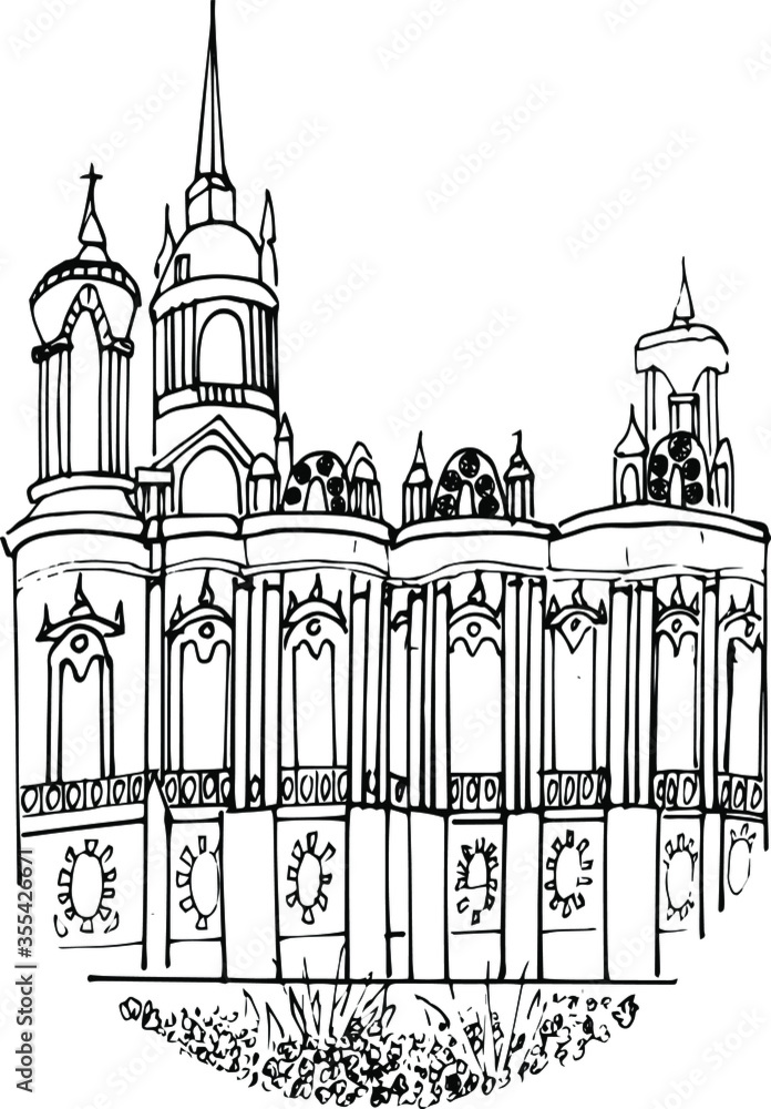 Hand-drawn Russian Orthodox Church. Vector linear black-and-white ...