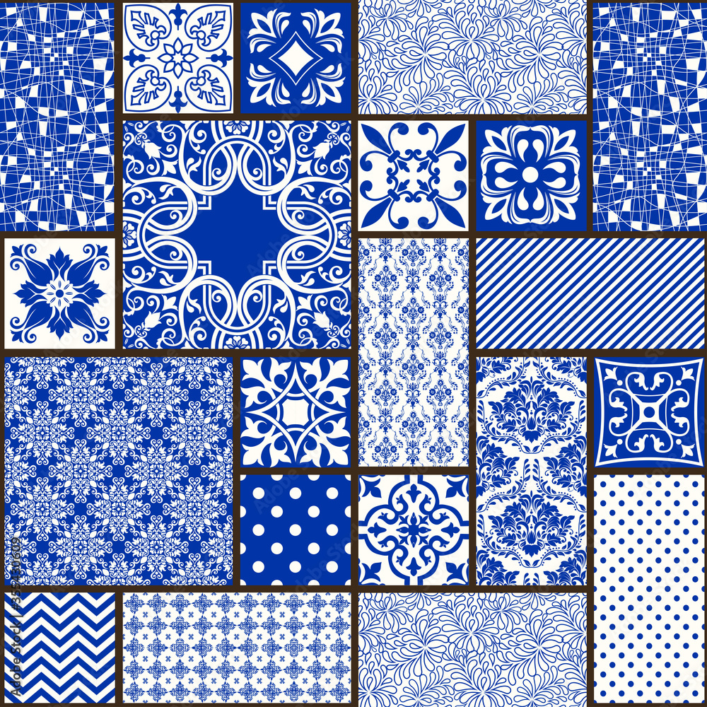 Seamless patchwork tile with Victorian motives. Majolica pottery tile ...