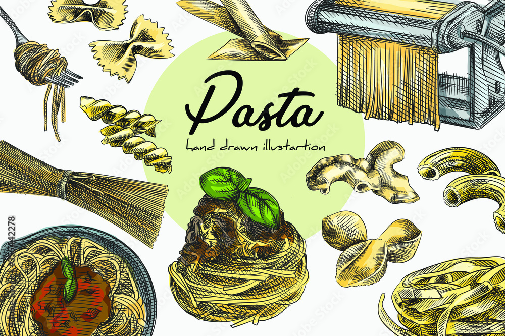Vecteur Stock Colorful set of different kinds of pasta and spaghetti ...