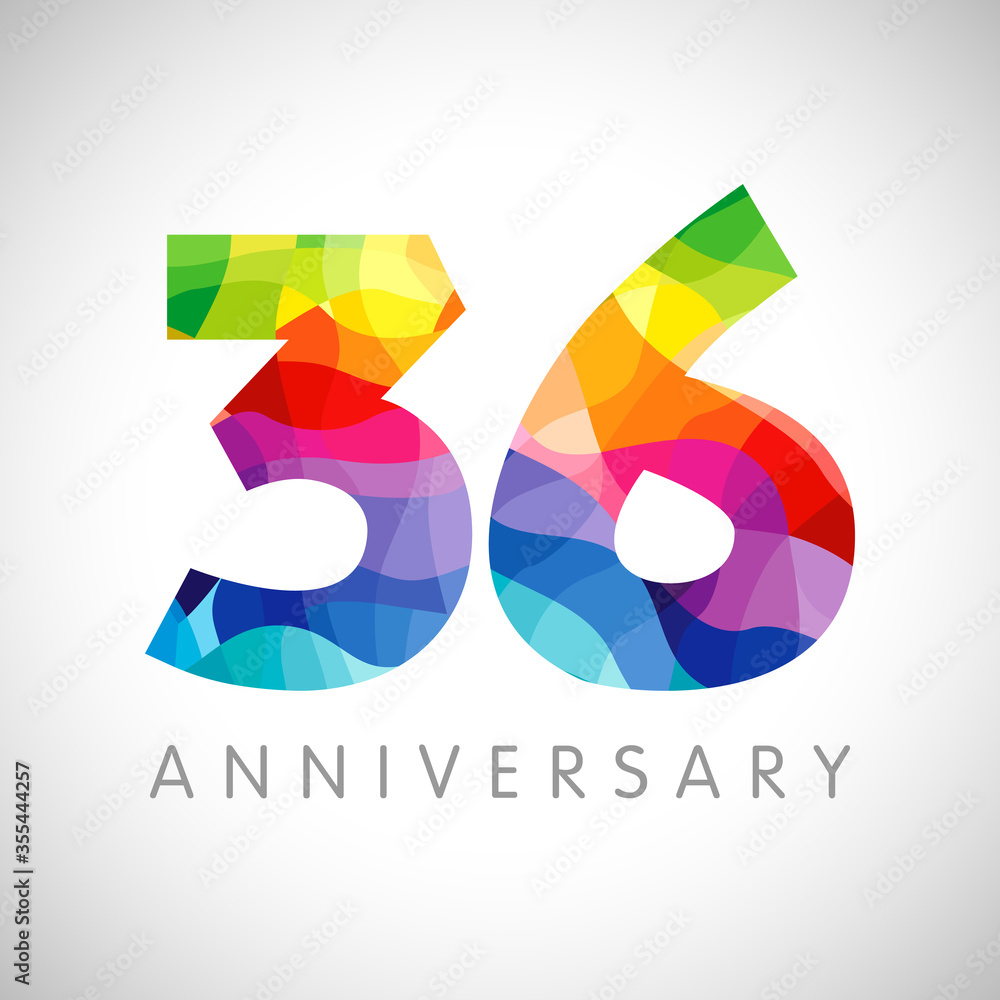 36 th anniversary numbers. 36 years old logotype. Bright congrats ...