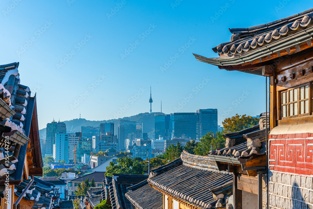 Namsan tower viewed from Bukchon hanok village in Seoul, Republic of ...