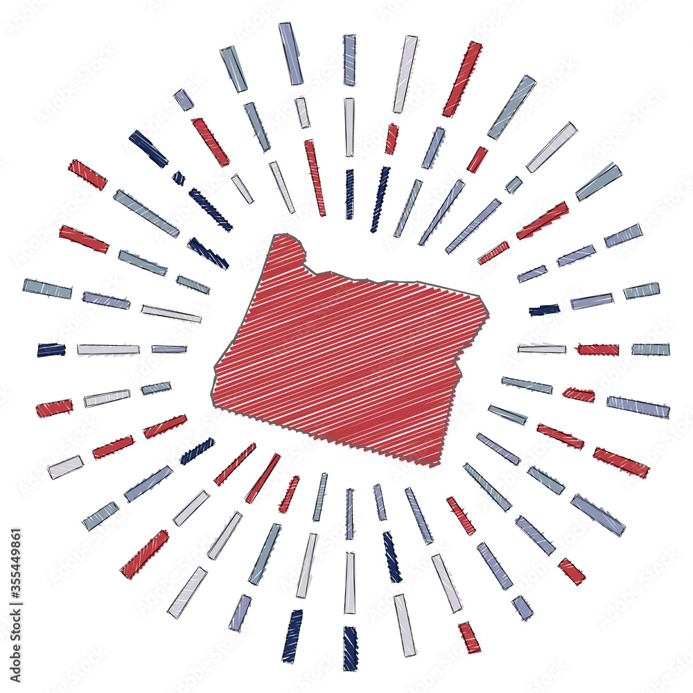 Sketch map of Oregon. Sunburst around the us state in flag colors. Hand ...