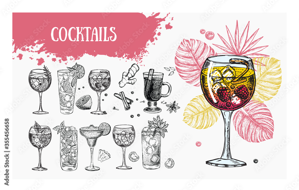 Cocktail menu design template. Alcoholic cocktails hand drawn. Stock ...