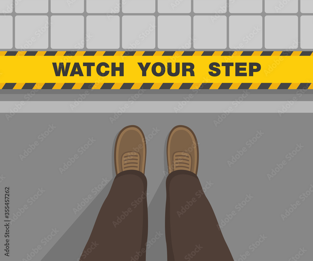 Man standing on the road. Watch your step warning text on the edge. Top ...