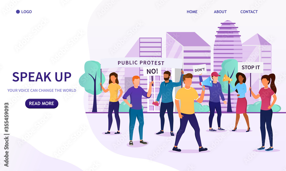 A group of people protests. They hold banners and slogans in their ...