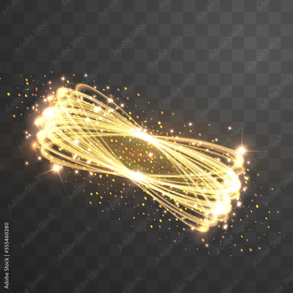 Fire light circles trails of sparkling gold glitter on transparent ...