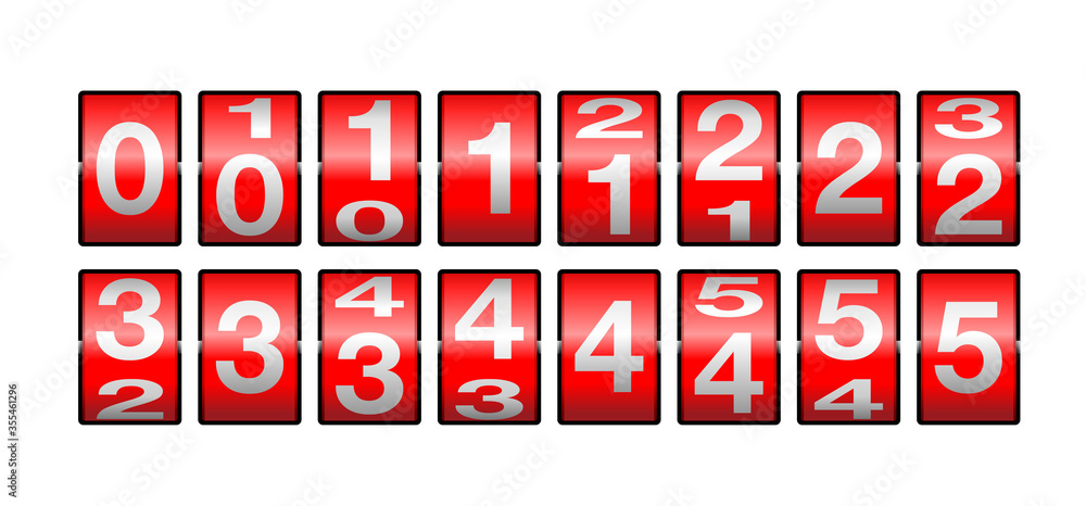 Countdown clock from 0 to 5 - red mechanical rotation counter display ...