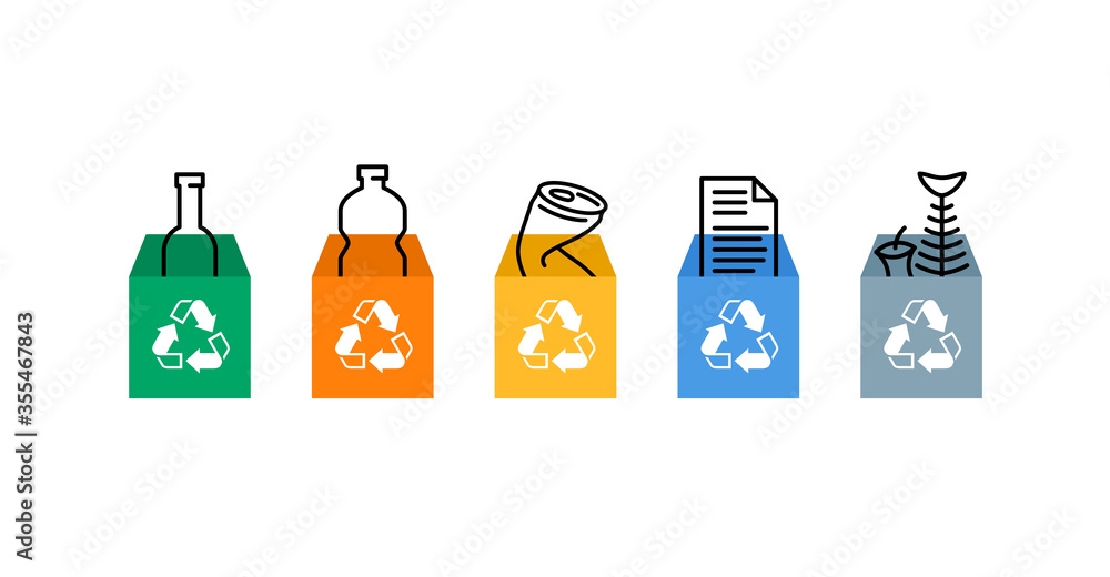 Waste sorting pictogram set - garbadge separation urn marking stickers ...