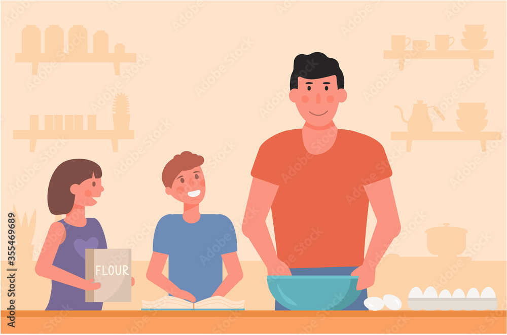 Concept of cooking together with kids. Father baking with son and ...