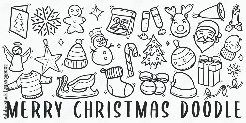 Merry Christmas Doodle Line Art Illustration. Hand Drawn Vector Clip ...