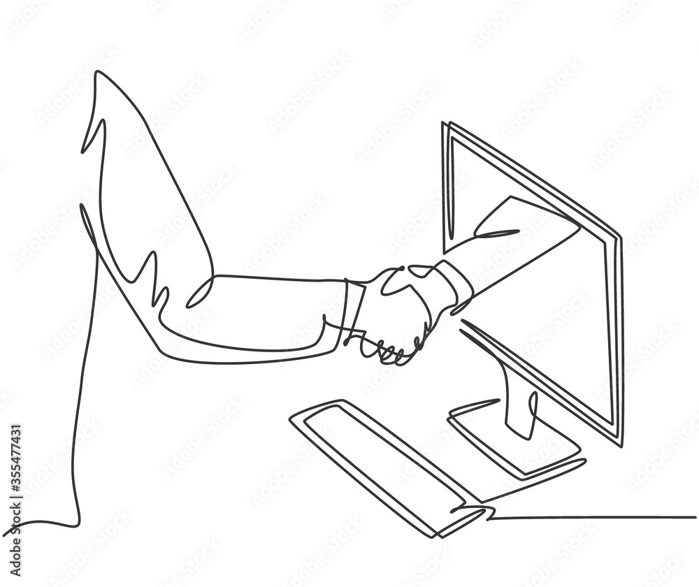 Continuous line drawing of business men shaking hand to deal a project ...