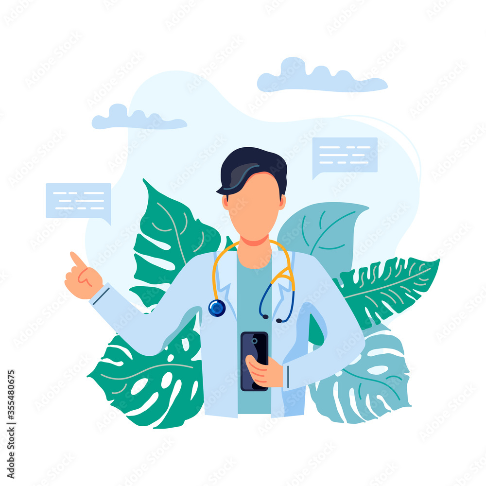 Doctor helps a patient on a mobile phone. Tele medicine, online doctor ...