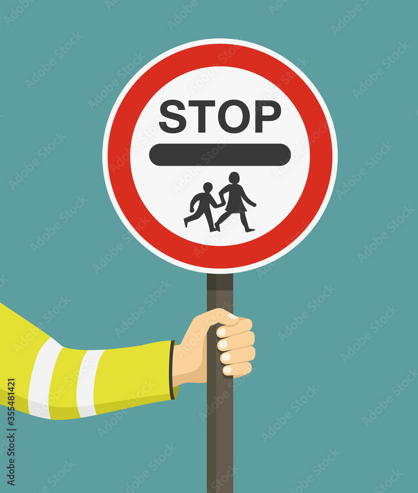 Hand holding school warden sign. United Kingdom road sign. Flat vector ...