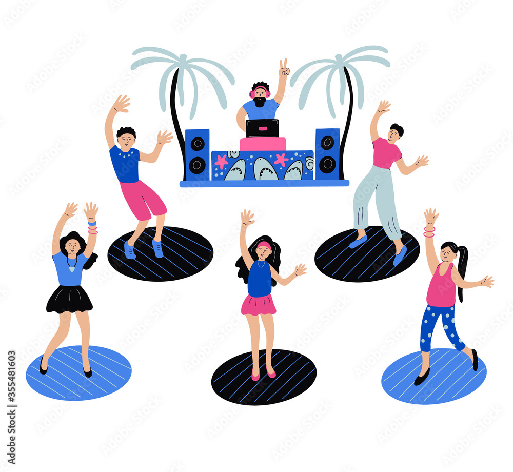 Disco party and social distancing. Each person dances in isolated ...