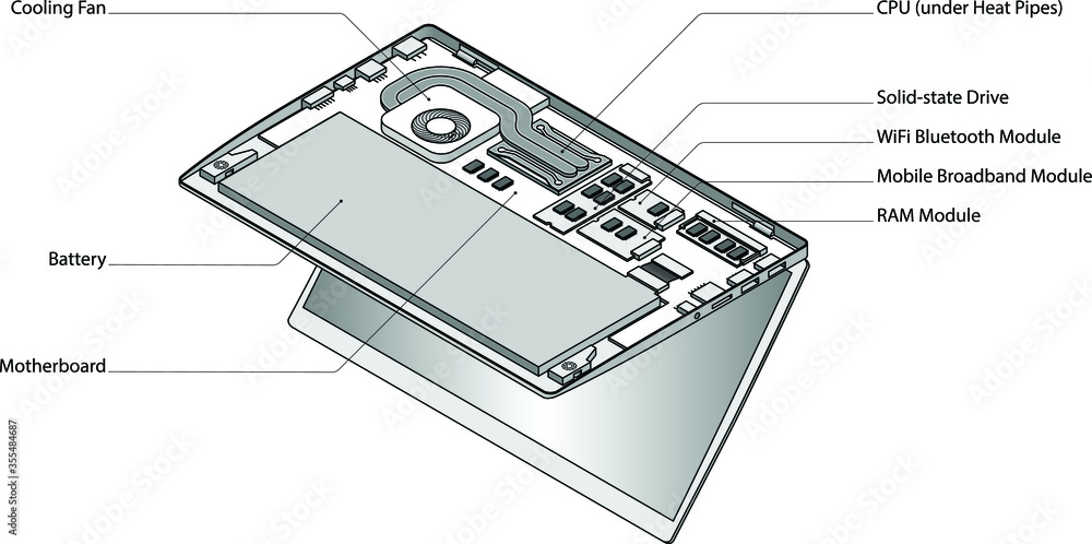 Line-art detailed isometric drawing of a laptop computer with bottom ...
