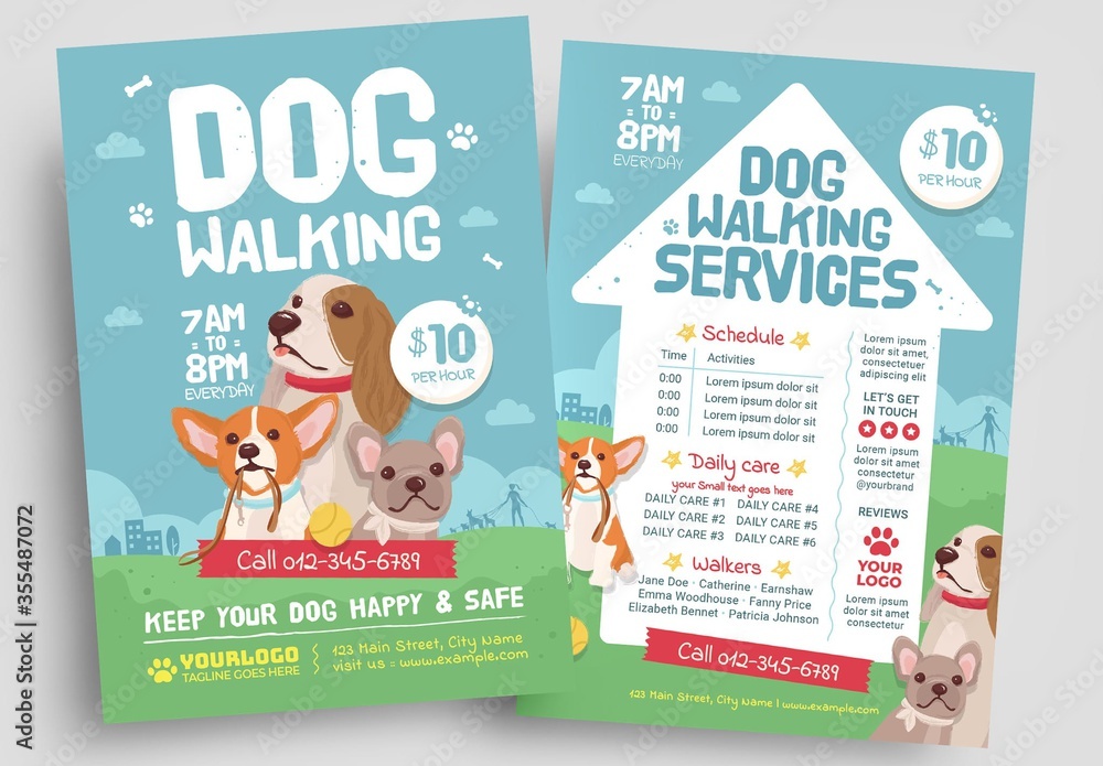Dog Walking Flyer Layout with Puppy Illustrations Stock Template ...