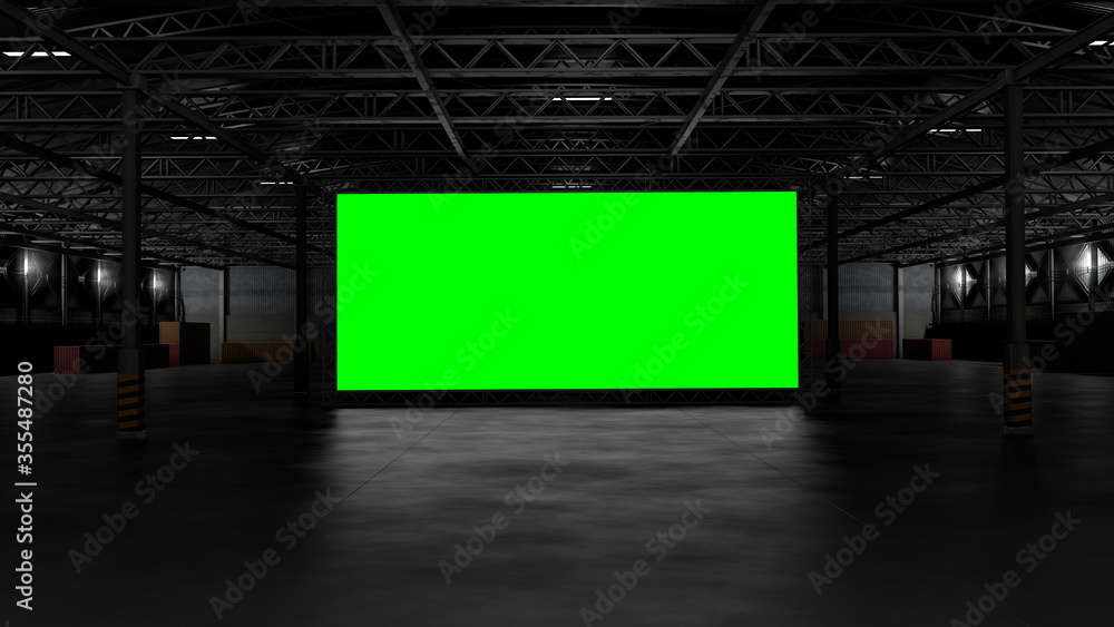 3d rendering of dark empty factory interior or empty warehouse, a green ...