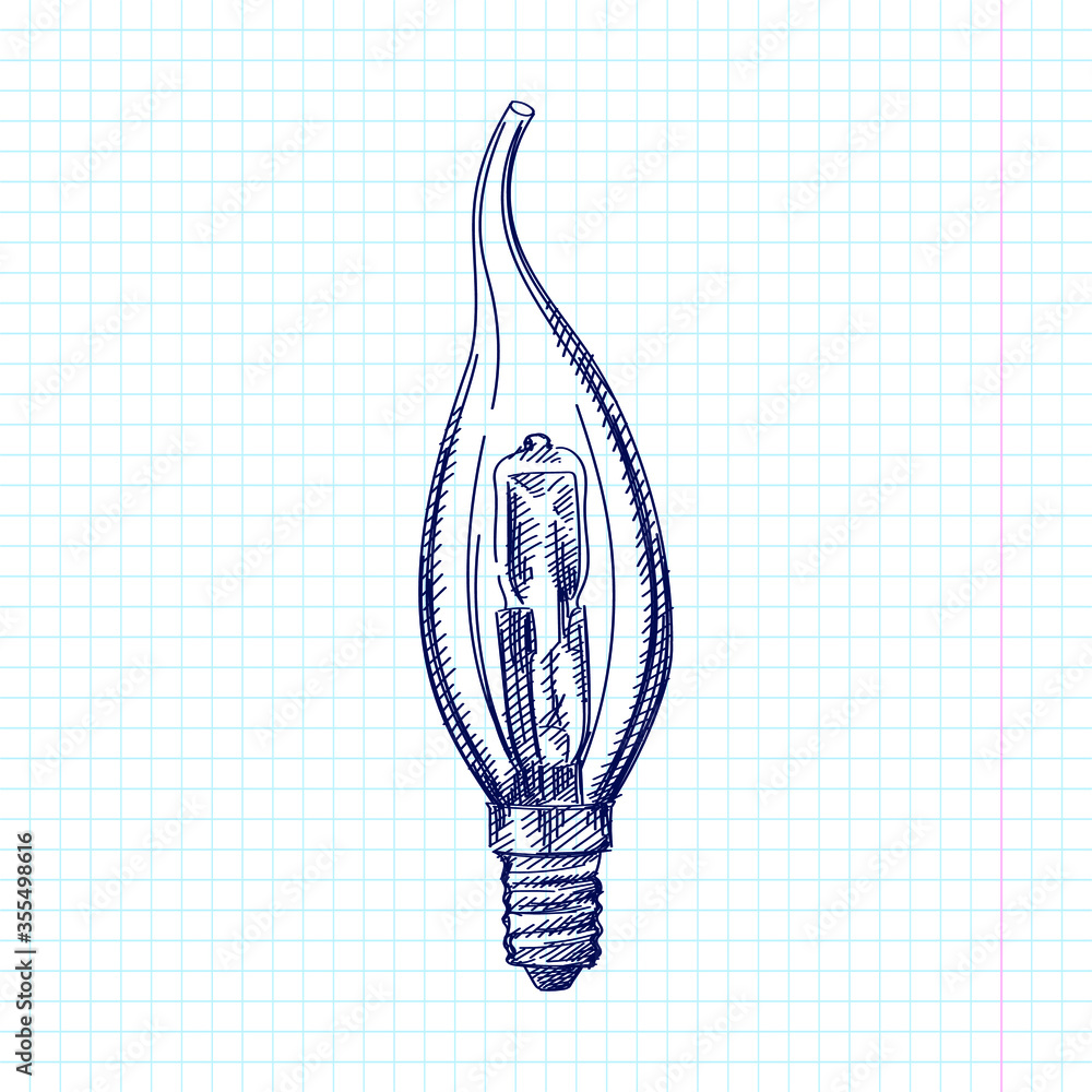 Hand-drawn sketch of a candle angular ligh bulb. Incandescent light ...