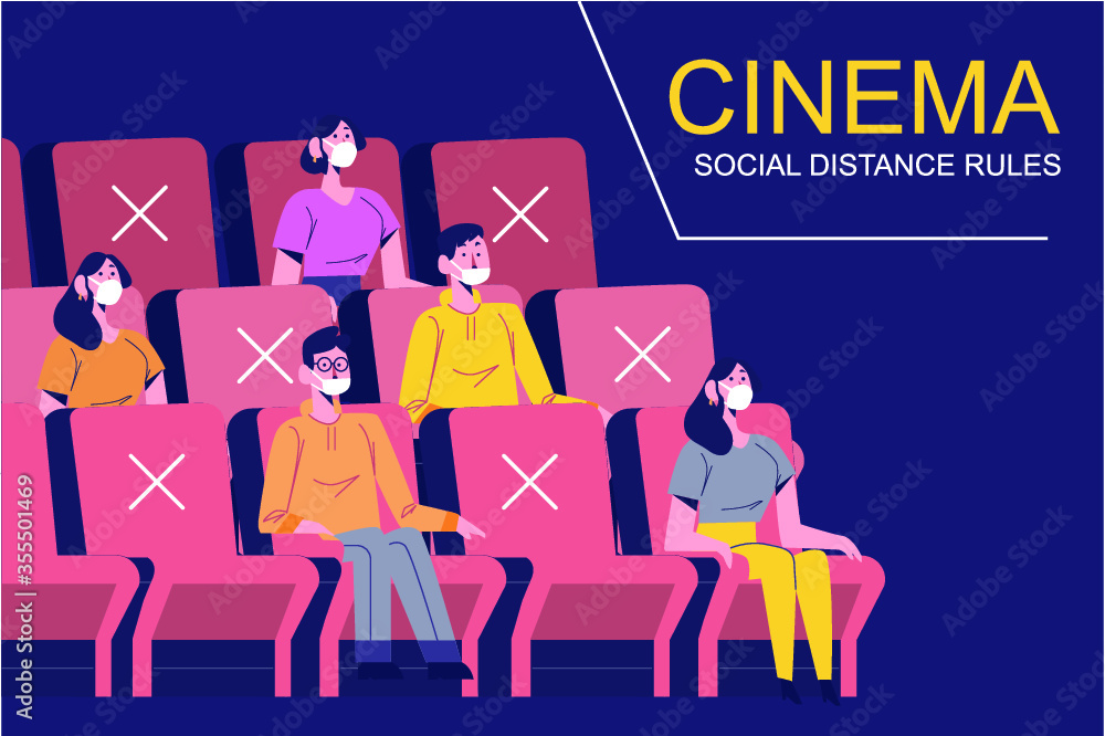 People watching movie in cinema hall eating popcorn wearing 3D glasses ...