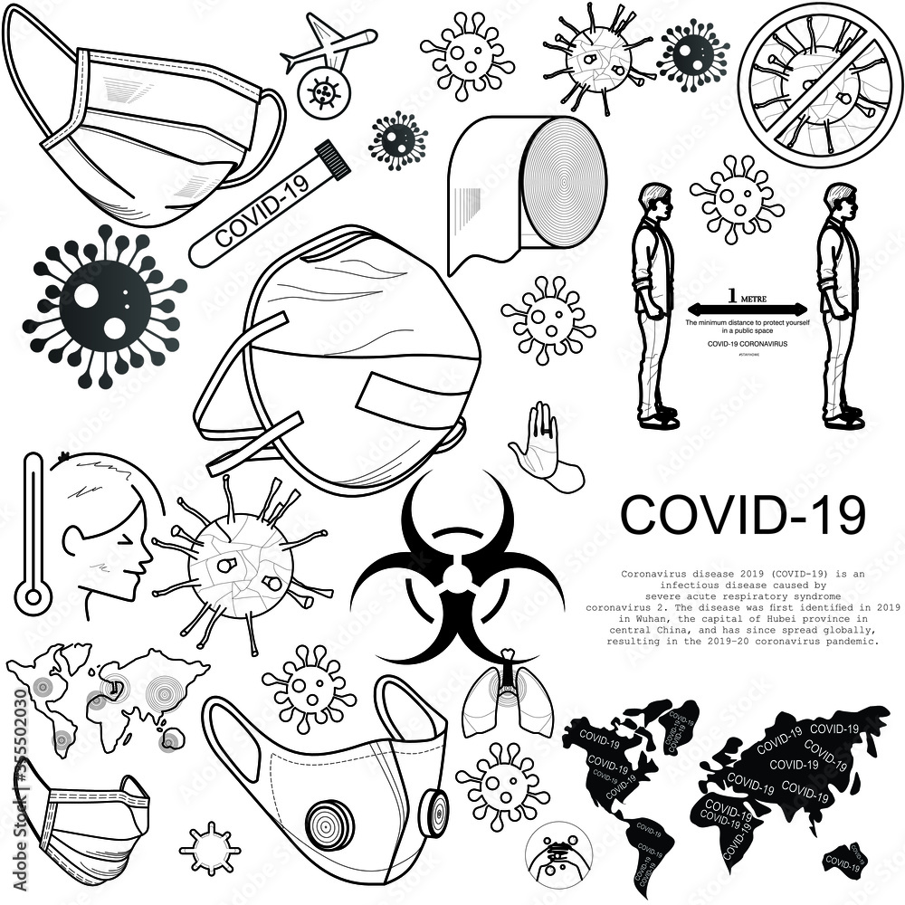 Coronavirus Set Medicine vector line icons. Mask, map of the earth, and ...